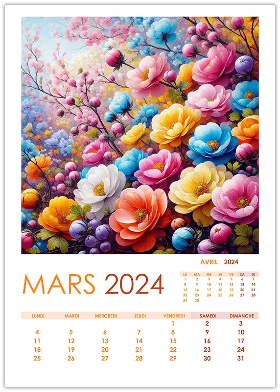 Calendrier de mars 2024 avec fleurs – calendrier.su